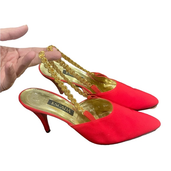 Escada | Shoes | Escada Red Satin Pointed Toe Gold Chain Slingback ...